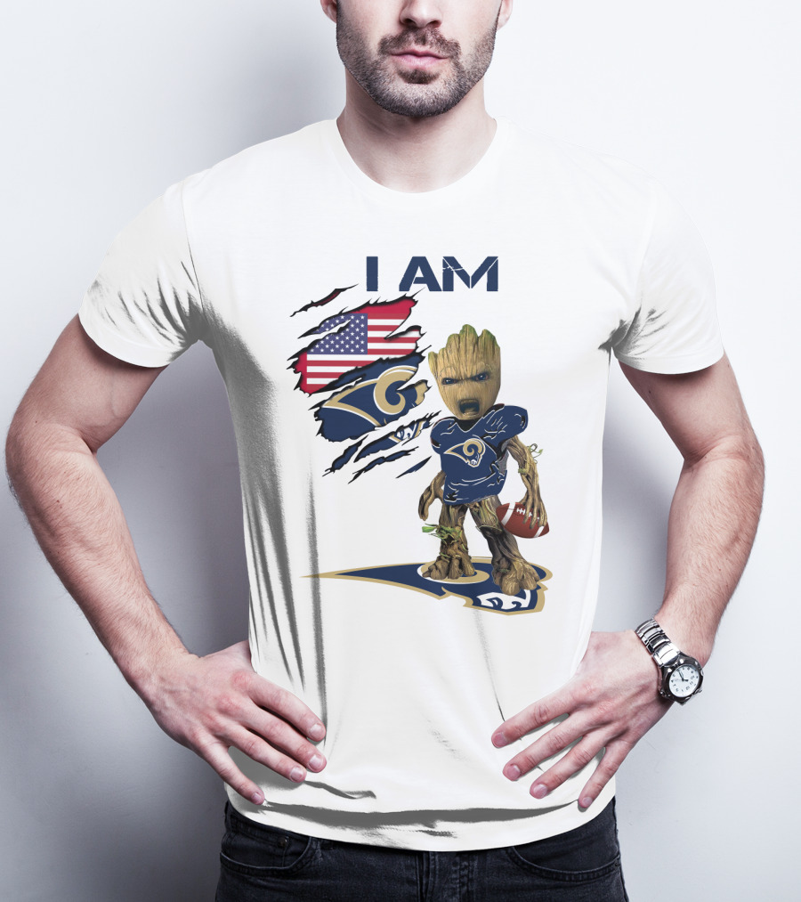 I AM Rams Baby Groot Football USA Flag T-Shirt