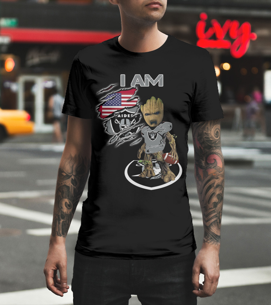 I AM Raiders Baby Groot American Flag Football T-Shirt