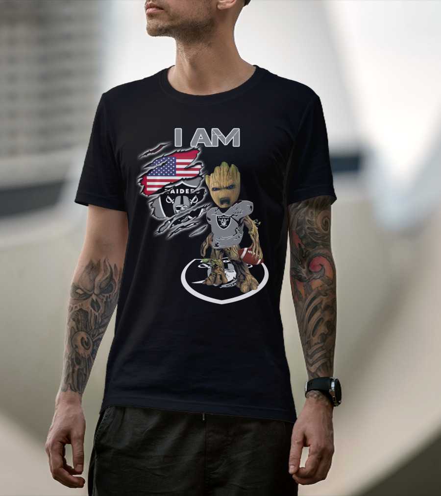 I AM Raiders Baby Groot American Flag Football T-Shirt