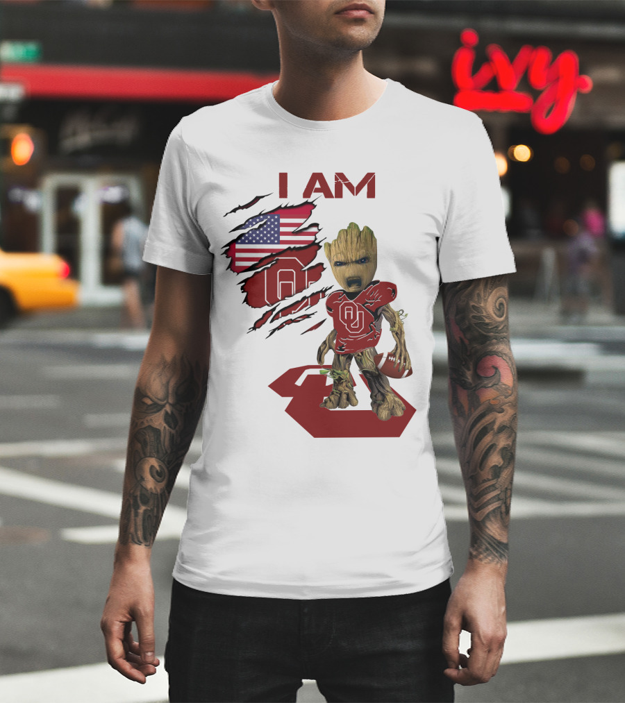 I AM Sooners Baby Groot Football USA Flag T-Shirt