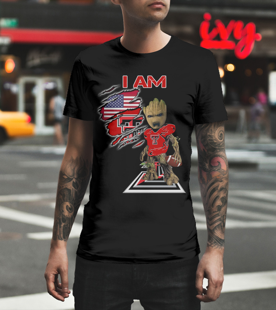 I AM Texas Tech Football American Flag Baby Groot T-Shirt
