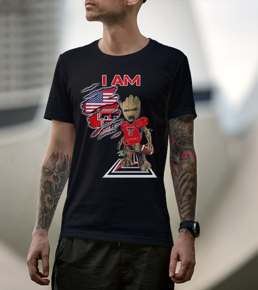I AM Texas Tech Football American Flag Baby Groot T-Shirt