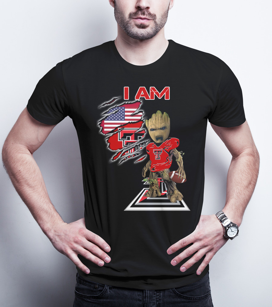 I AM Texas Tech Football American Flag Baby Groot T-Shirt