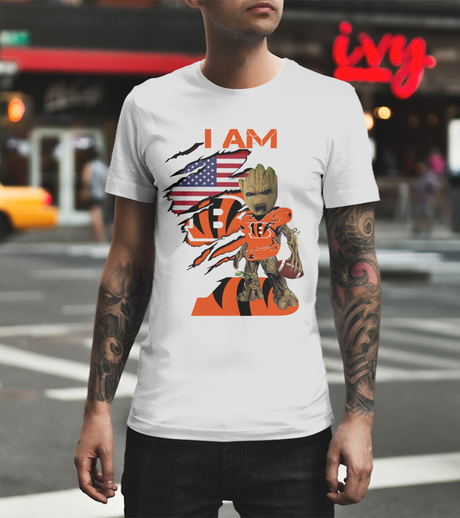I AM Bengals Baby Groot Football USA Flag T-Shirt