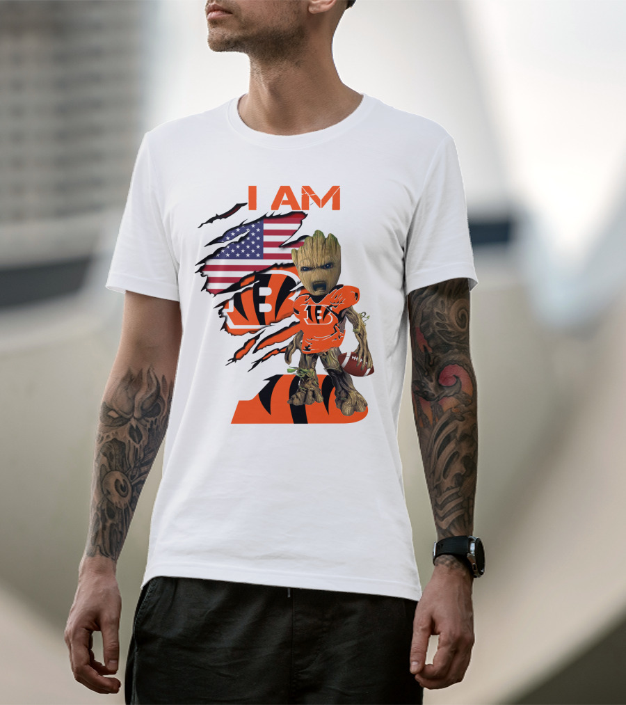 I AM Bengals Baby Groot Football USA Flag T-Shirt
