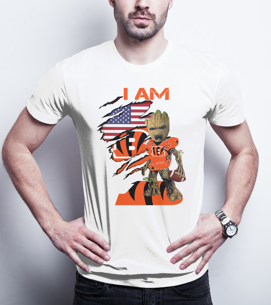 I AM Bengals Baby Groot Football USA Flag T-Shirt