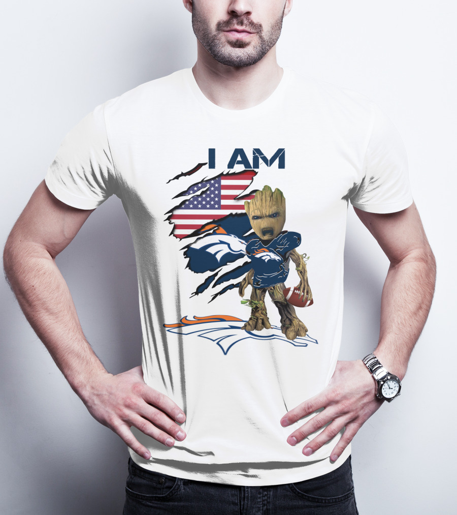 I Am Broncos Baby Groot American Flag Football T-Shirt