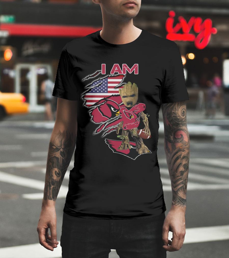 I Am Arizona Cardinals Baby Groot American Flag T-Shirt