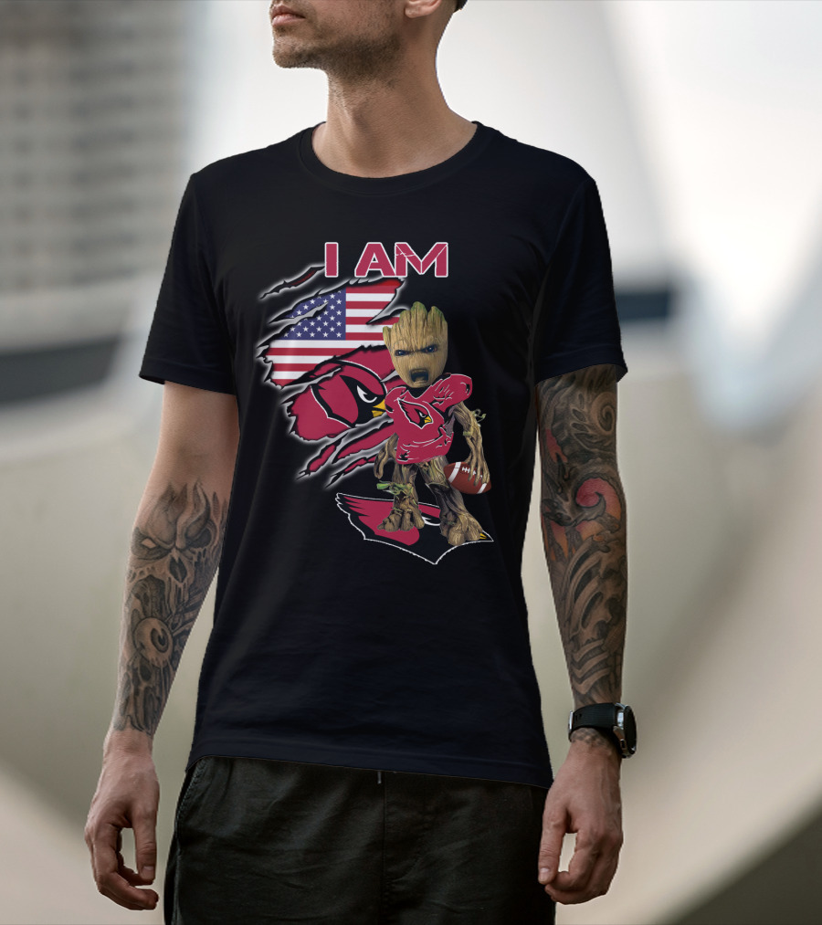 I Am Arizona Cardinals Baby Groot American Flag T-Shirt