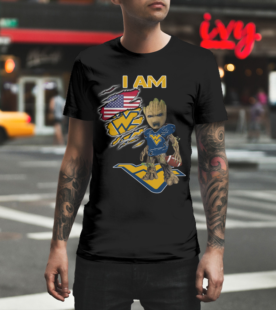 I AM West Virginia Mountaineers Baby Groot Football Fan USA Flag T-Shirt