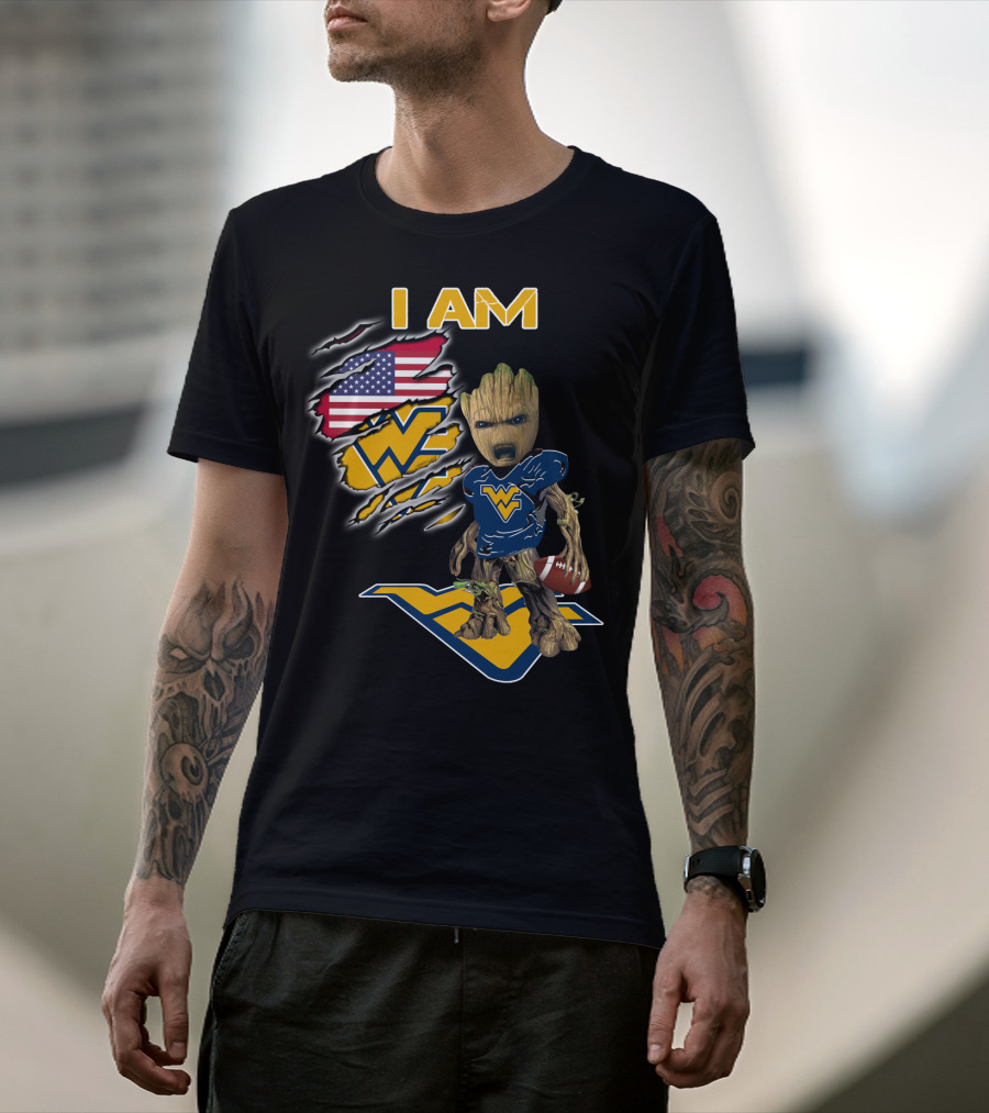 I AM West Virginia Mountaineers Baby Groot Football Fan USA Flag T-Shirt