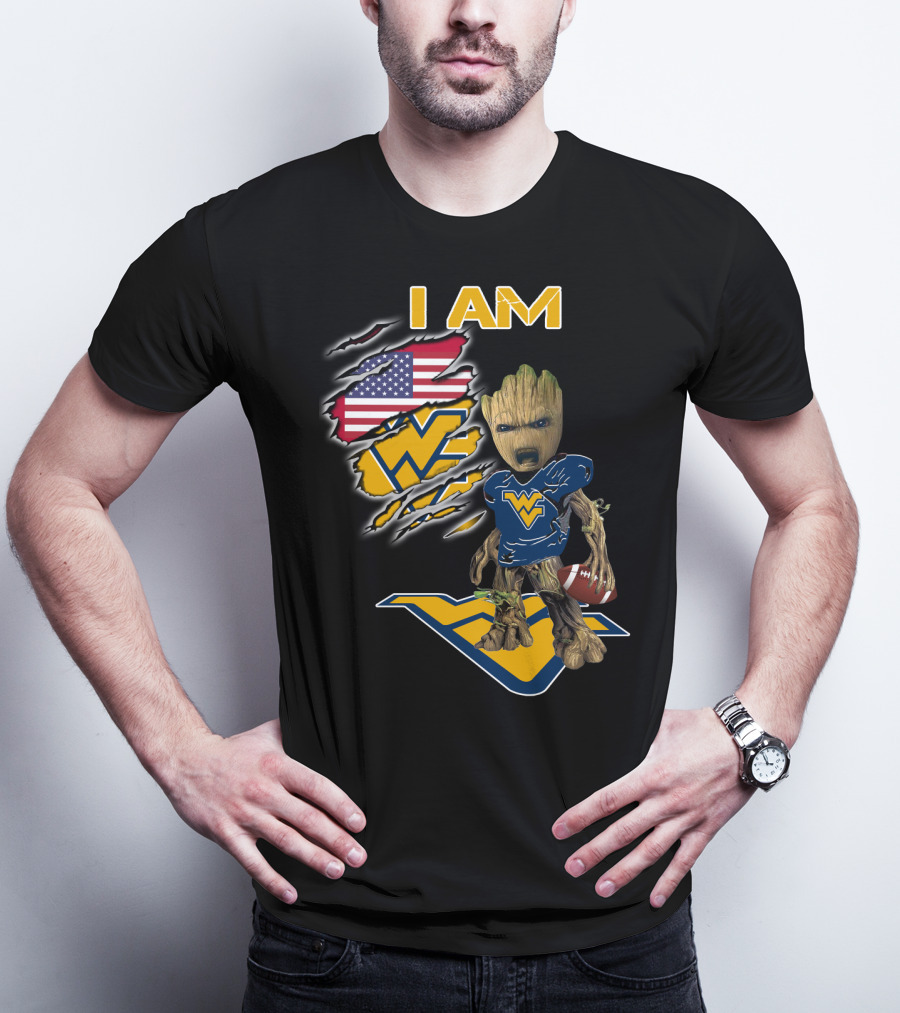 I AM West Virginia Mountaineers Baby Groot Football Fan USA Flag T-Shirt