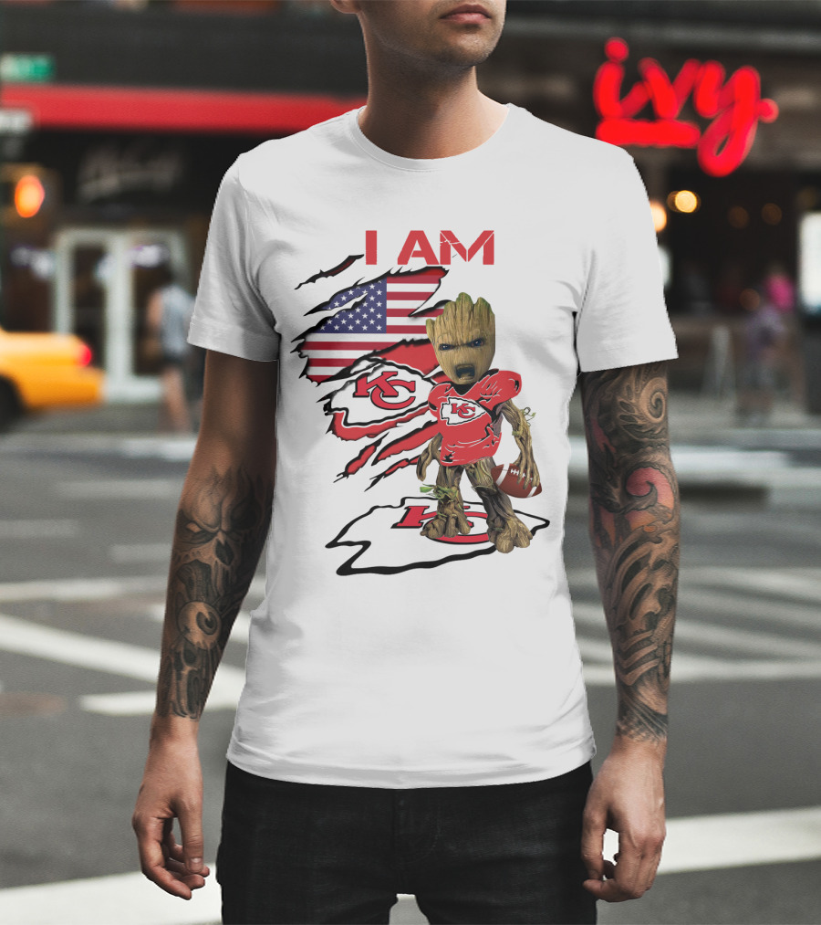 I Am Chiefs Baby Groot American Flag Football KC T-Shirt