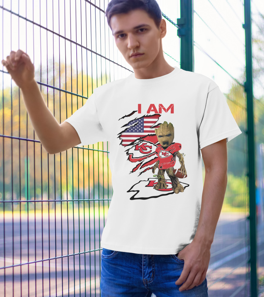 I Am Chiefs Baby Groot American Flag Football KC T-Shirt