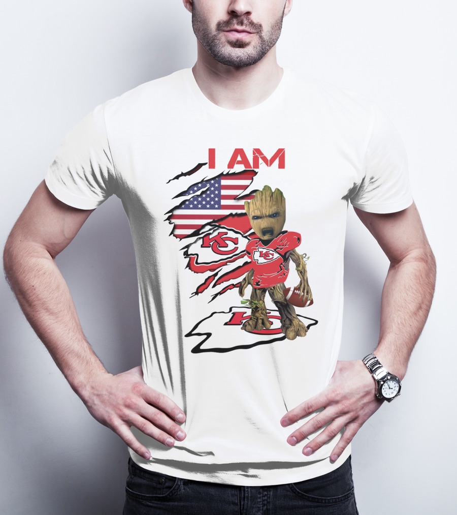 I Am Chiefs Baby Groot American Flag Football KC T-Shirt