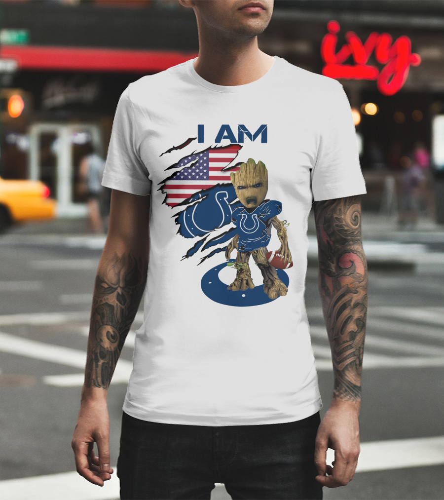 I Am Colts Baby Groot American Flag Football T-Shirt