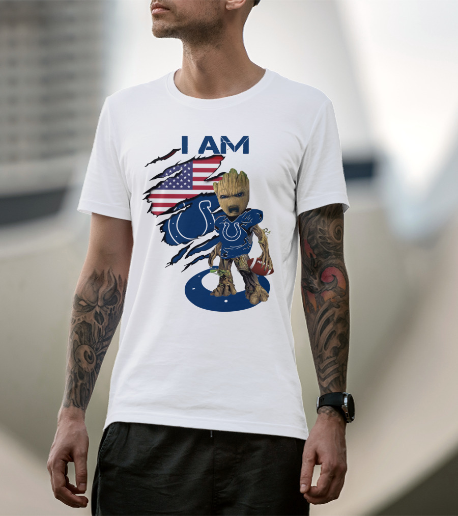 I Am Colts Baby Groot American Flag Football T-Shirt