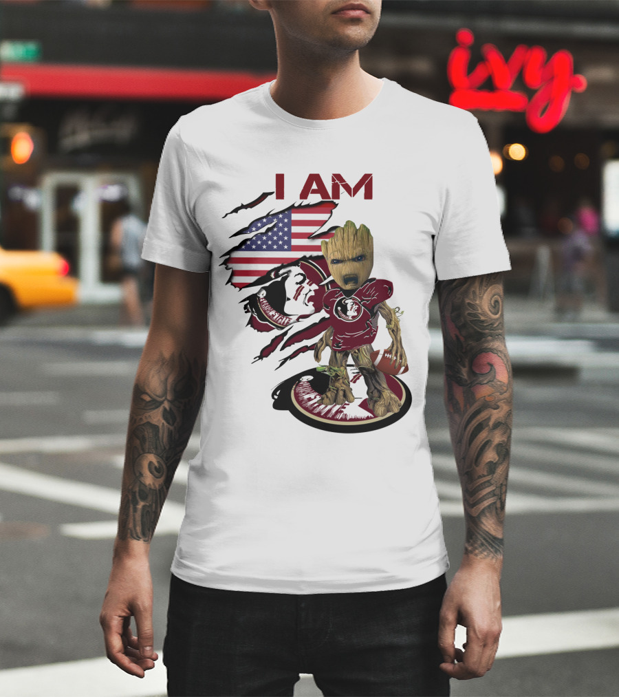 I Am Florida State University Baby Groot With American Flag And Football T-Shirt