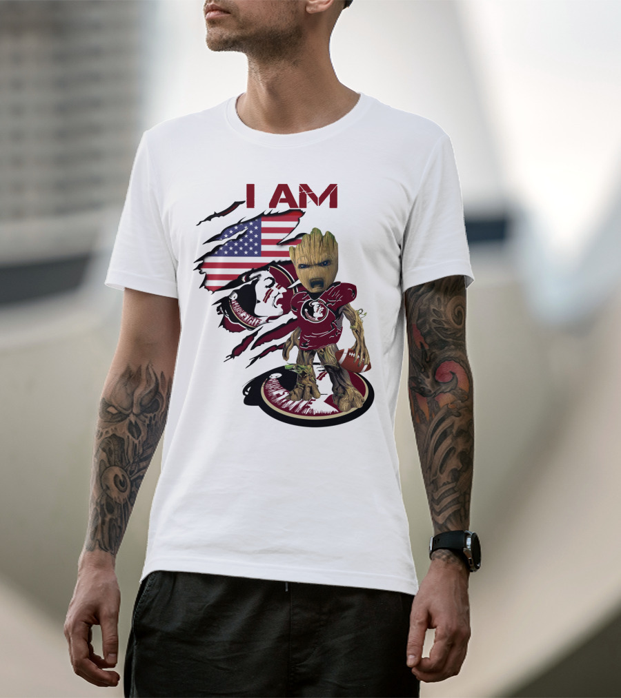 I Am Florida State University Baby Groot With American Flag And Football T-Shirt