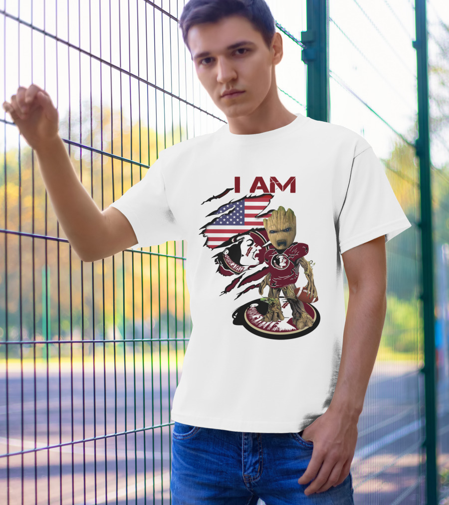 I Am Florida State University Baby Groot With American Flag And Football T-Shirt