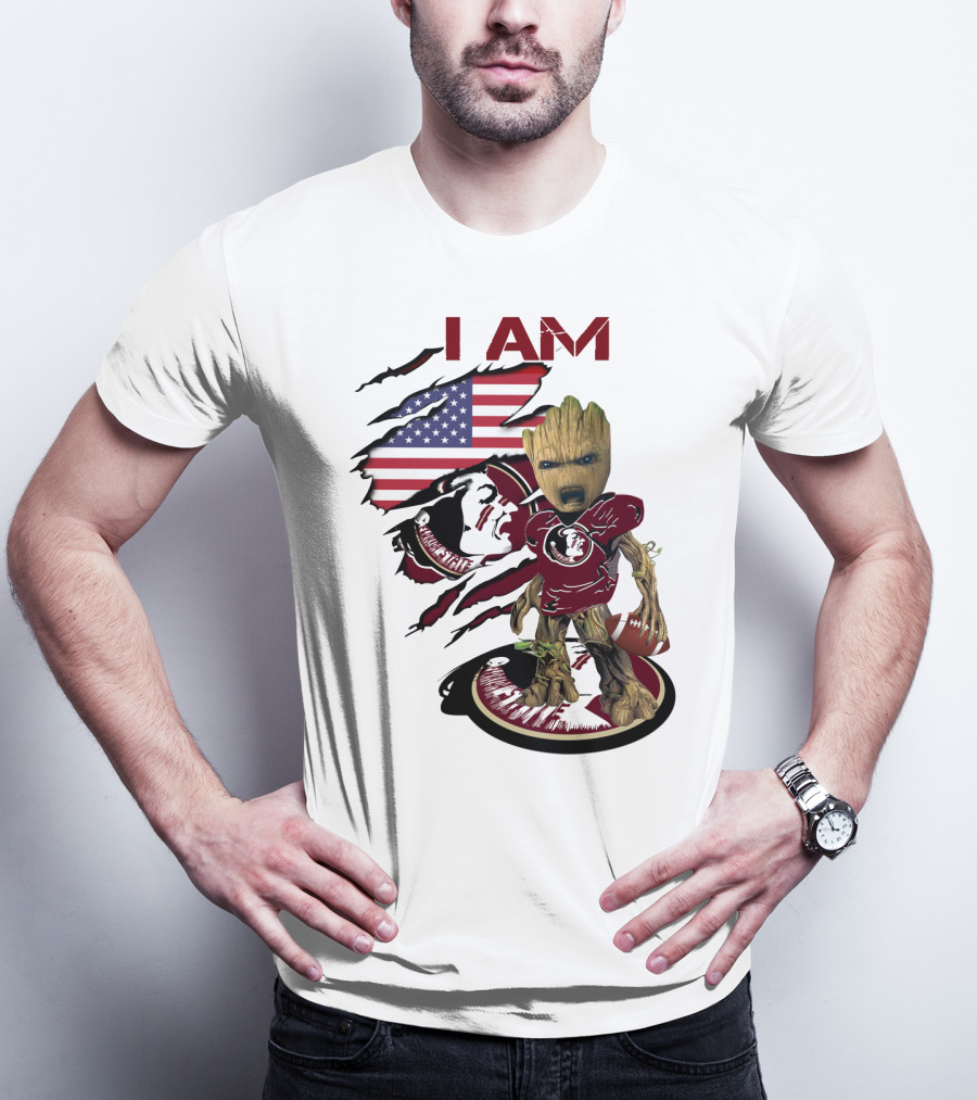 I Am Florida State University Baby Groot With American Flag And Football T-Shirt
