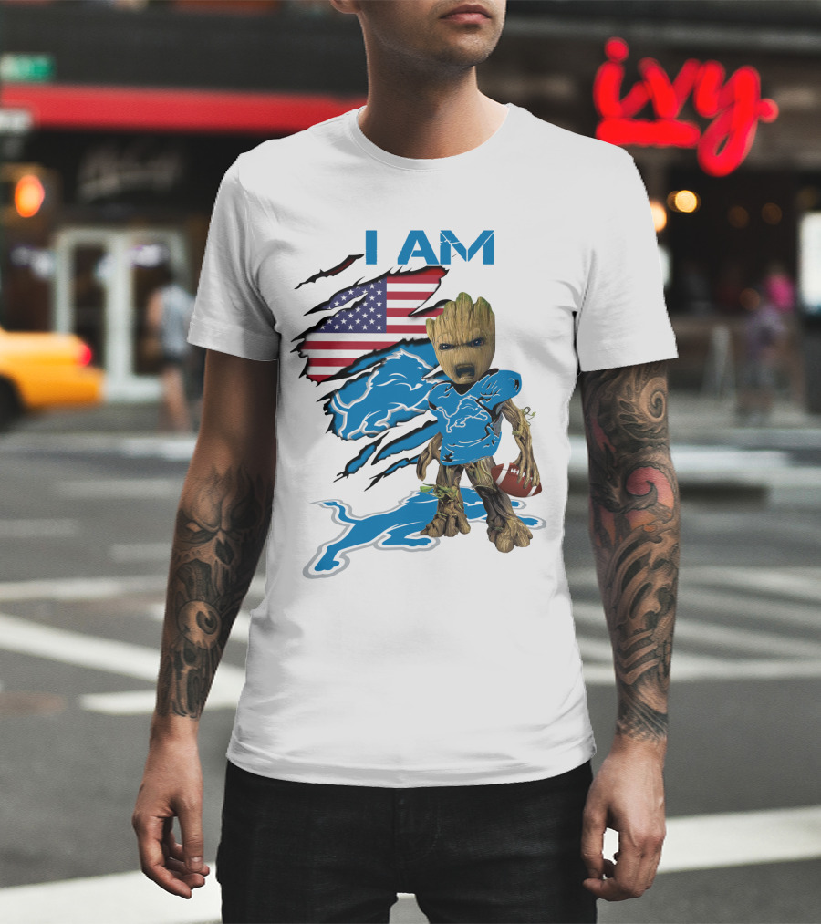 I AM Lions Baby Groot Football American Flag T-Shirt