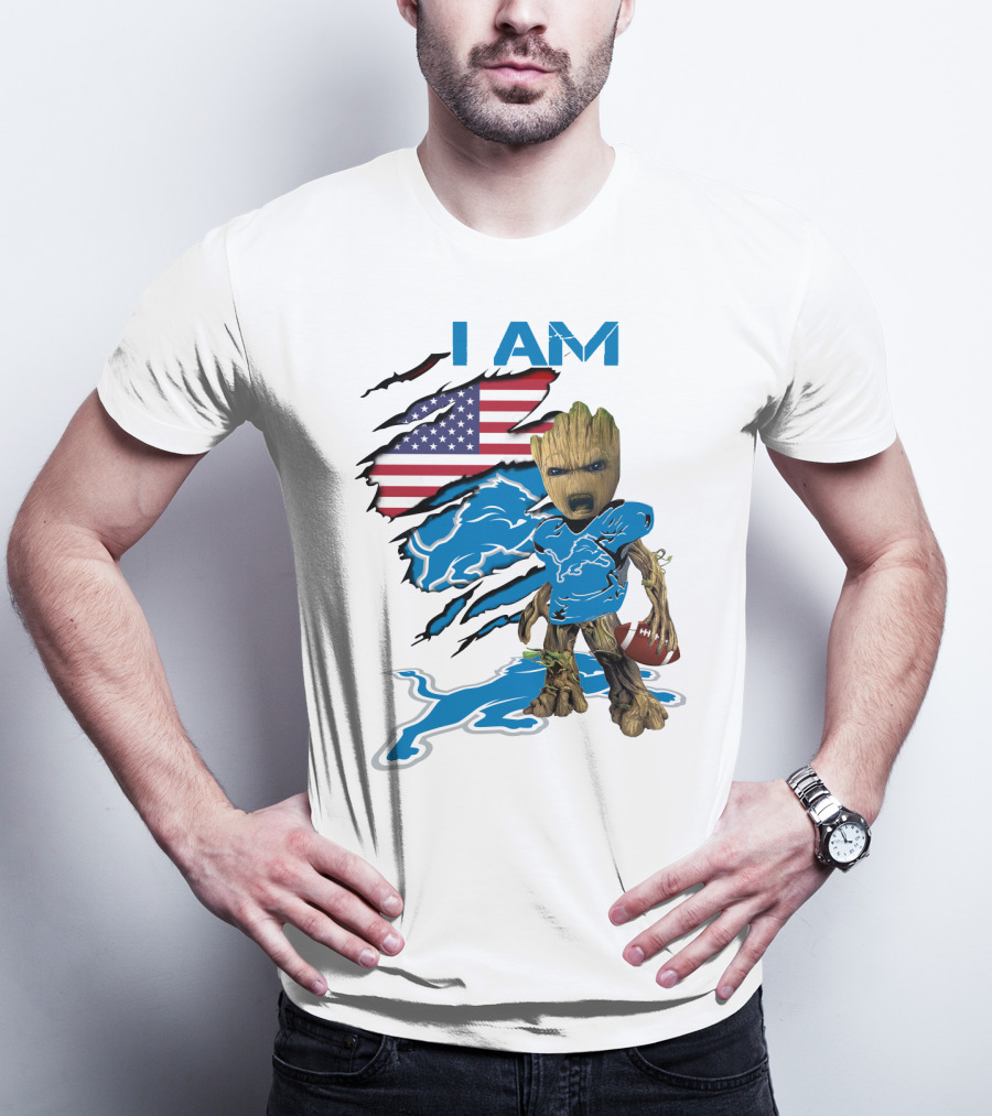 I AM Lions Baby Groot Football American Flag T-Shirt