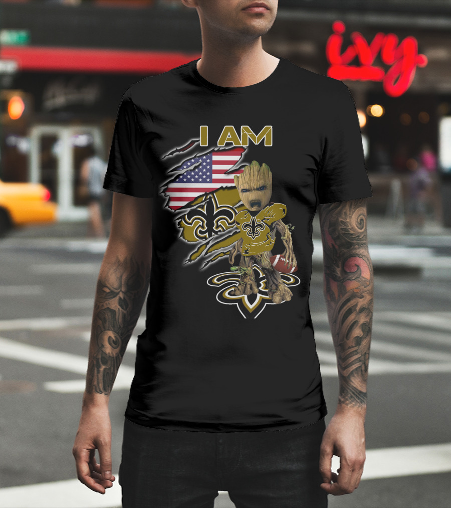 I Am Saints Baby Groot American Flag Football Fleur De Lis T-Shirt