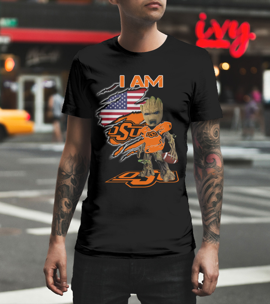 I Am OSU Baby Groot Football American Flag T-Shirt