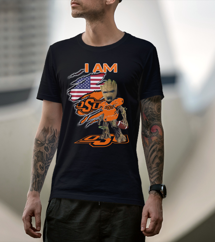 I Am OSU Baby Groot Football American Flag T-Shirt