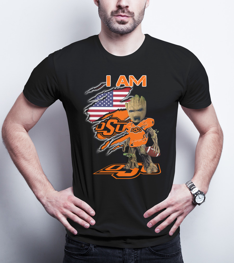 I Am OSU Baby Groot Football American Flag T-Shirt