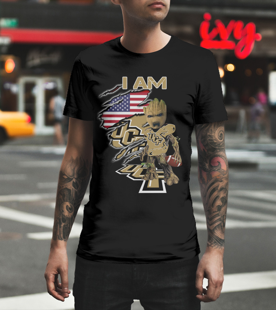 I AM UCF Baby Groot Football American Flag T-Shirt