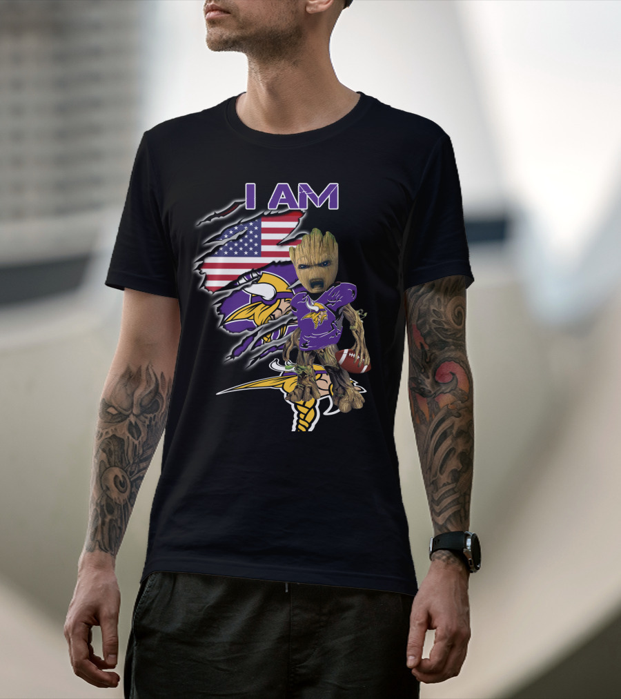 I AM Vikings Baby Groot American Flag Football T-Shirt