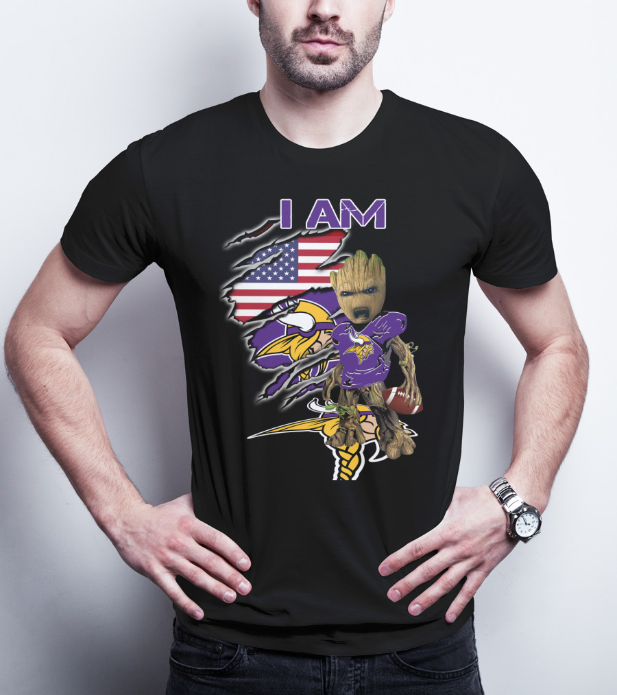 I AM Vikings Baby Groot American Flag Football T-Shirt