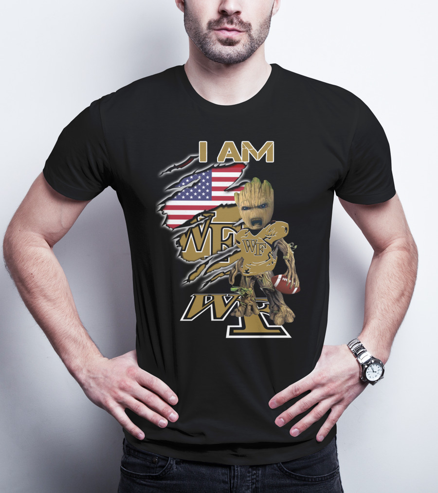 I Am Wf Wake Forest Baby Groot American Flag Football T-Shirt
