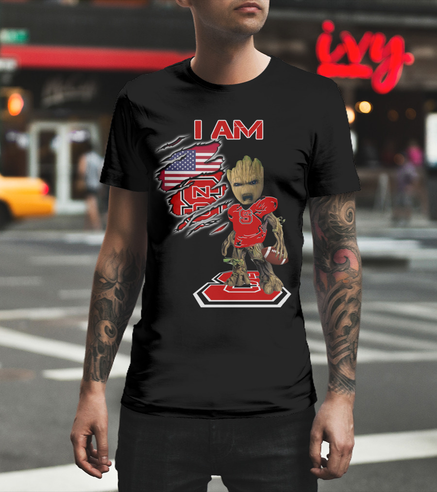 I Am Nc State Baby Groot Football American Flag Usa T-Shirt
