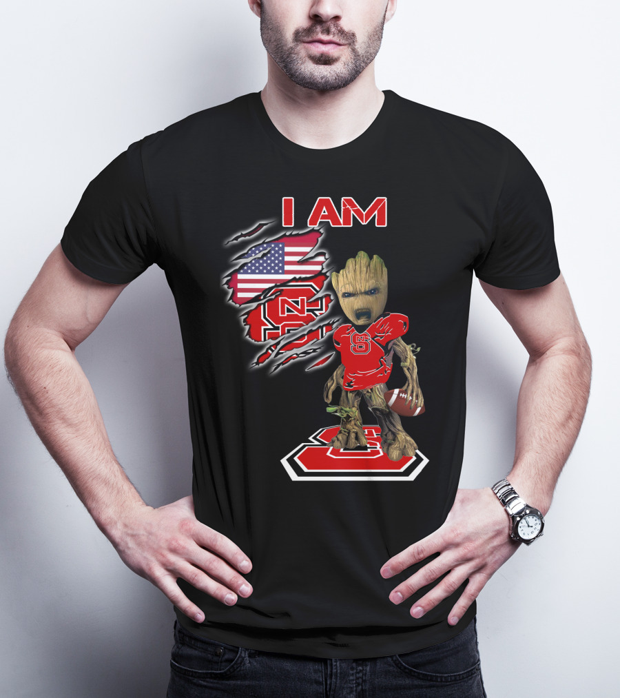 I Am Nc State Baby Groot Football American Flag Usa T-Shirt