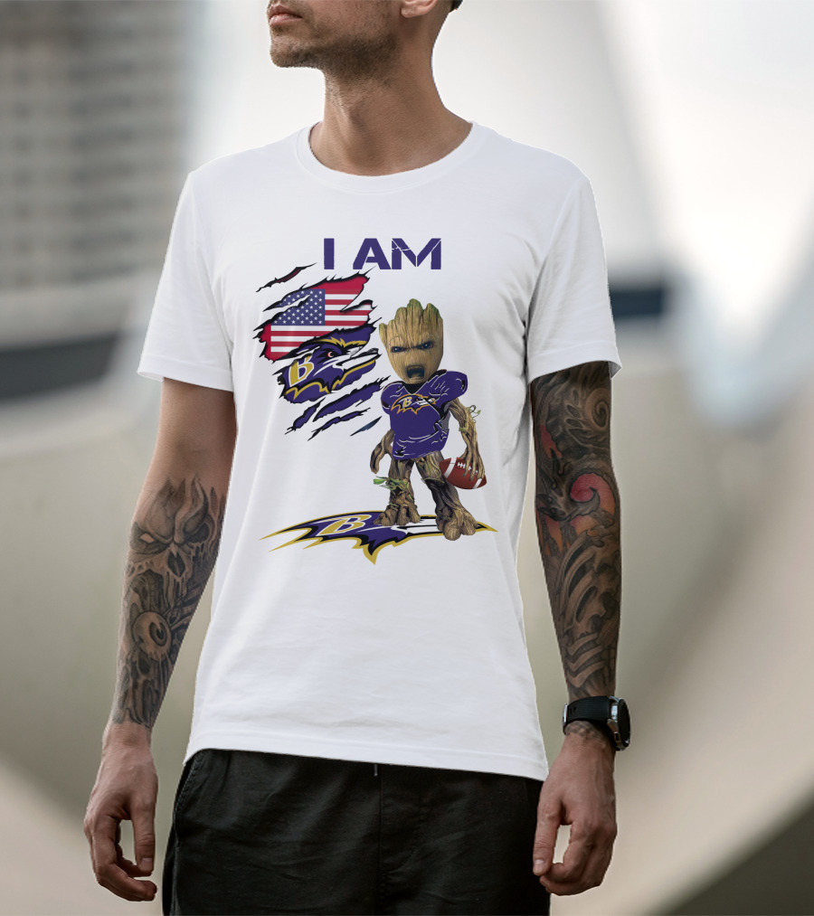 I Am Baby Groot Baltimore Ravens American Flag Football T-Shirt