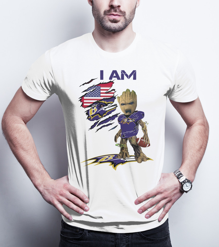 I Am Baby Groot Baltimore Ravens American Flag Football T-Shirt