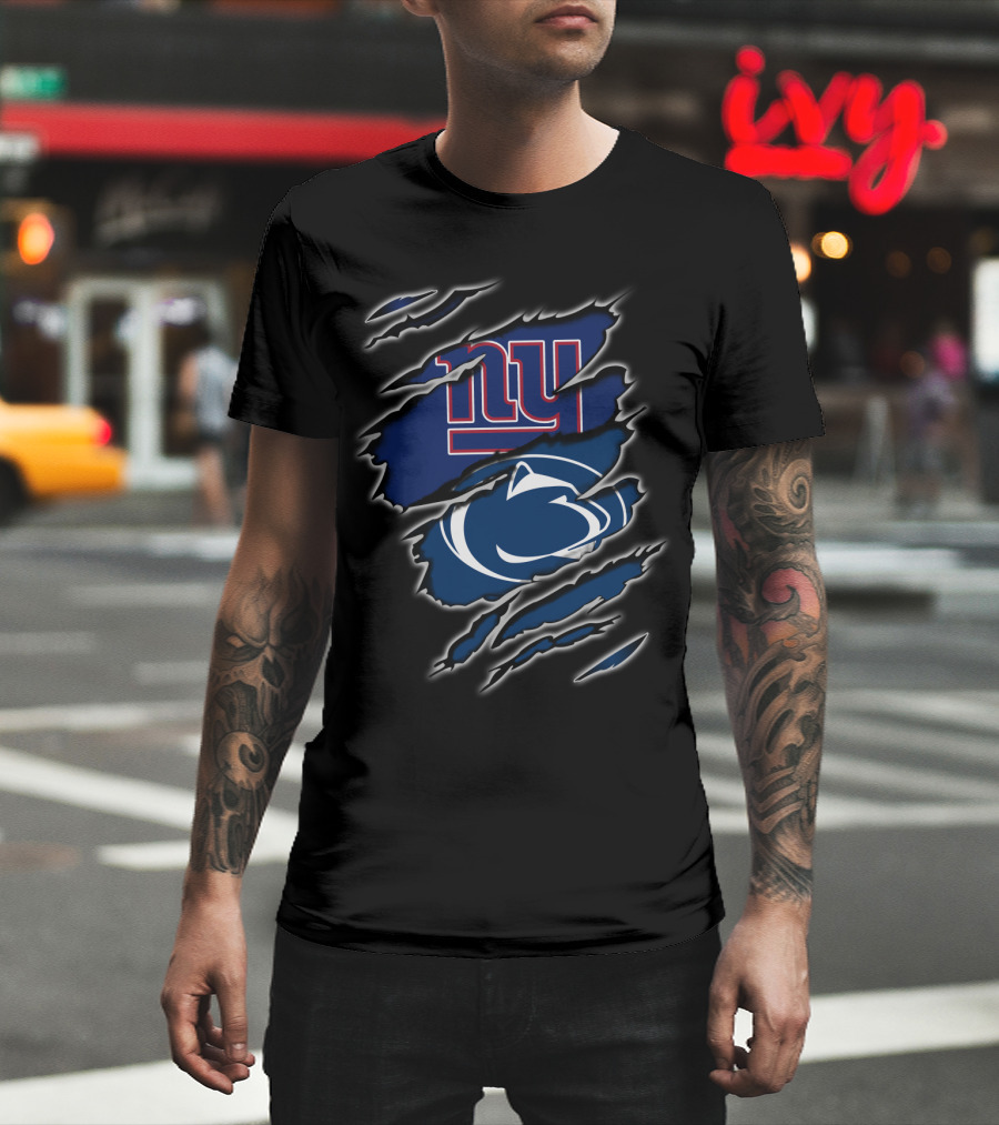 New York Giants Penn State Lions Torn Claw Marks Layered Logos T-Shirt