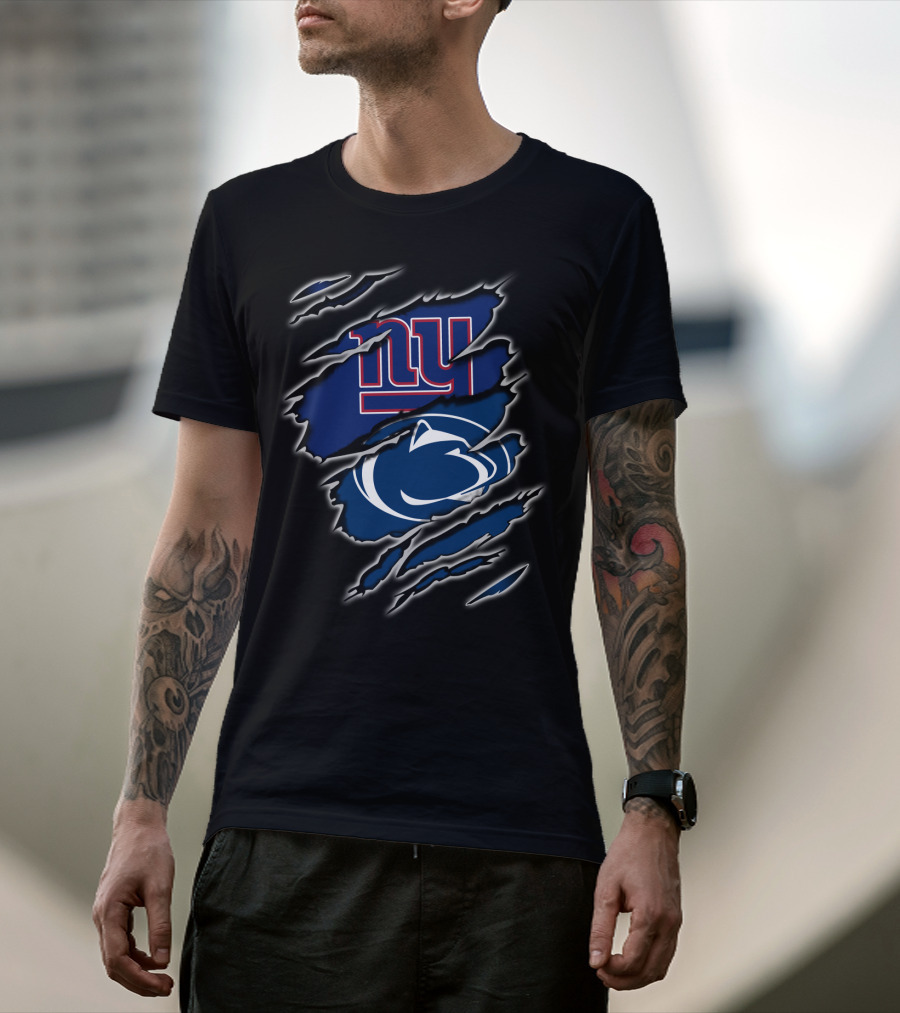 New York Giants Penn State Lions Torn Claw Marks Layered Logos T-Shirt