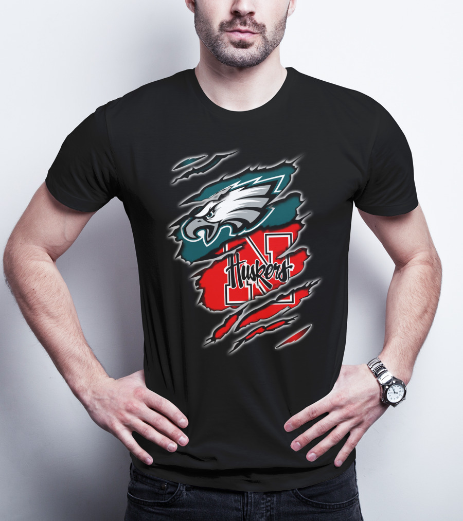 Philadelphia Eagles Nebraska Huskers Football Fan Logo Torn T-Shirt
