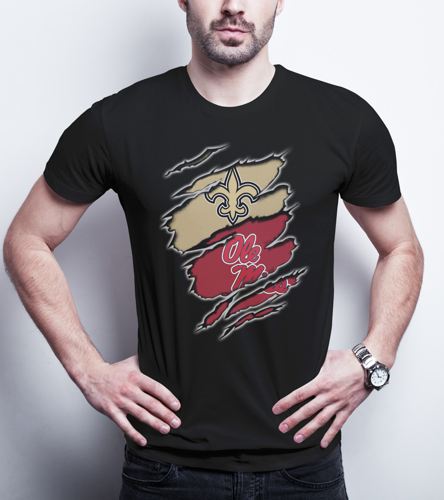 Saints Fleur-de-Lis And Ole Miss Logo Claw Mark T-Shirt