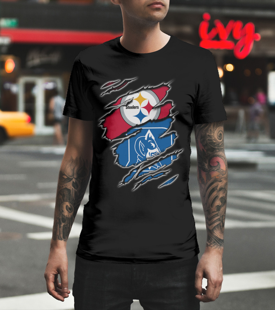 Steelers Duke Blue Devils Ripped Emblem Combination T-Shirt
