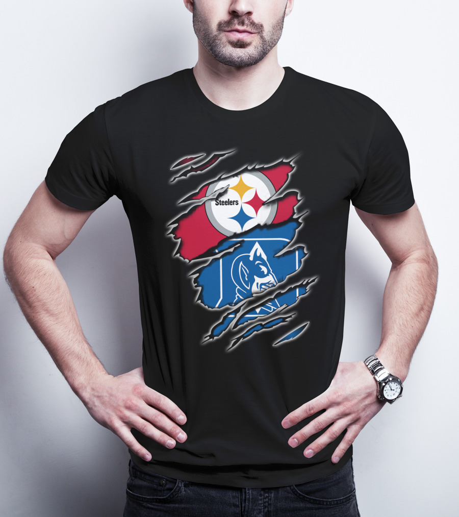 Steelers Duke Blue Devils Ripped Emblem Combination T-Shirt