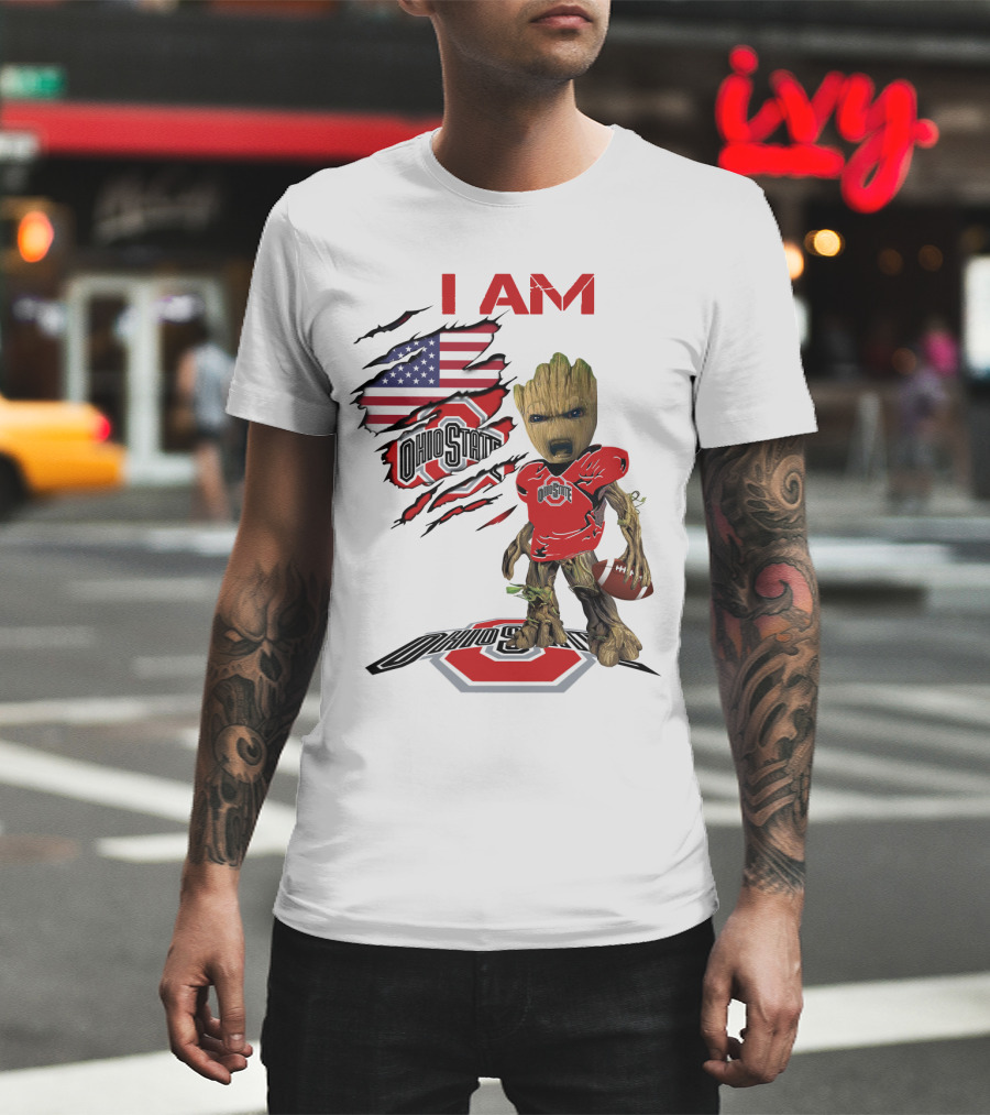 I Am Ohio State Baby Groot Football American Flag T-Shirt
