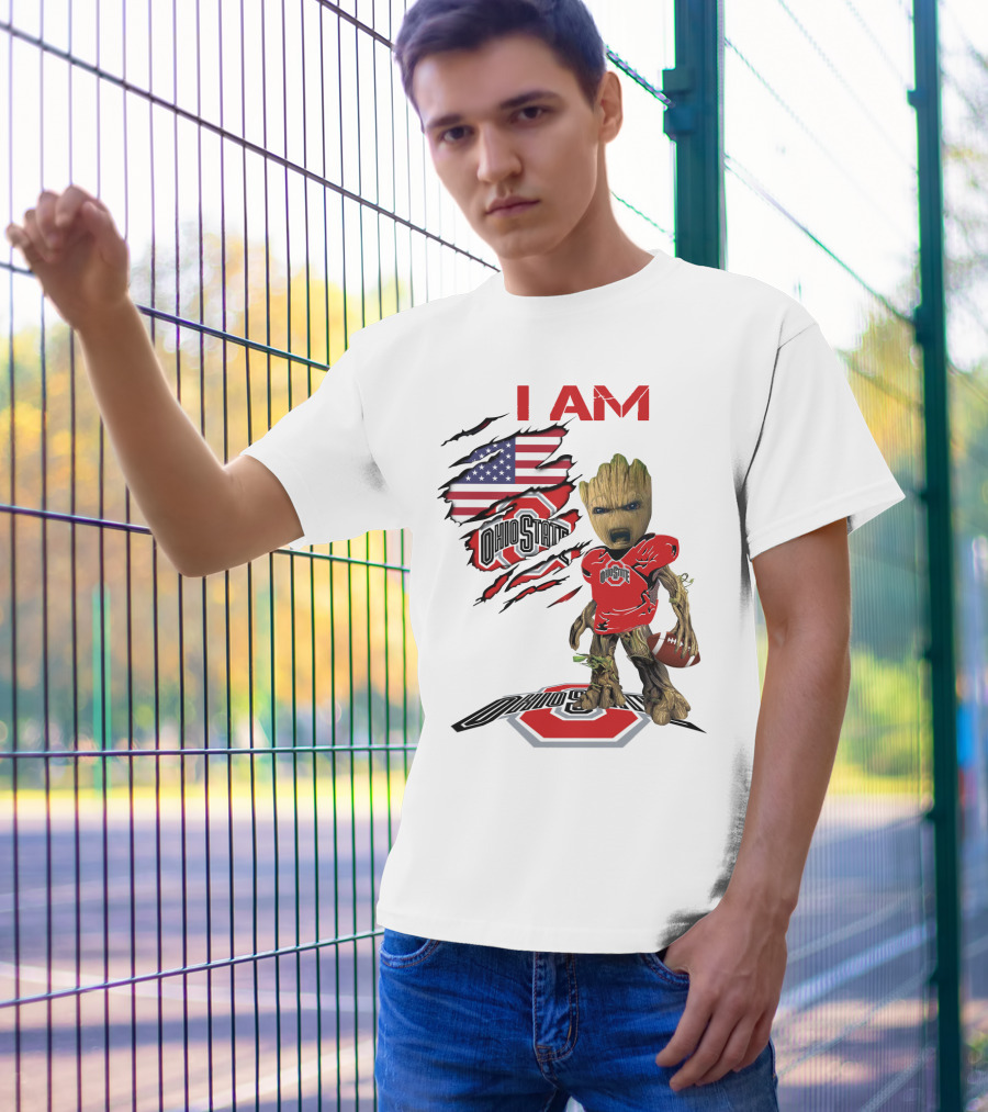 I Am Ohio State Baby Groot Football American Flag T-Shirt