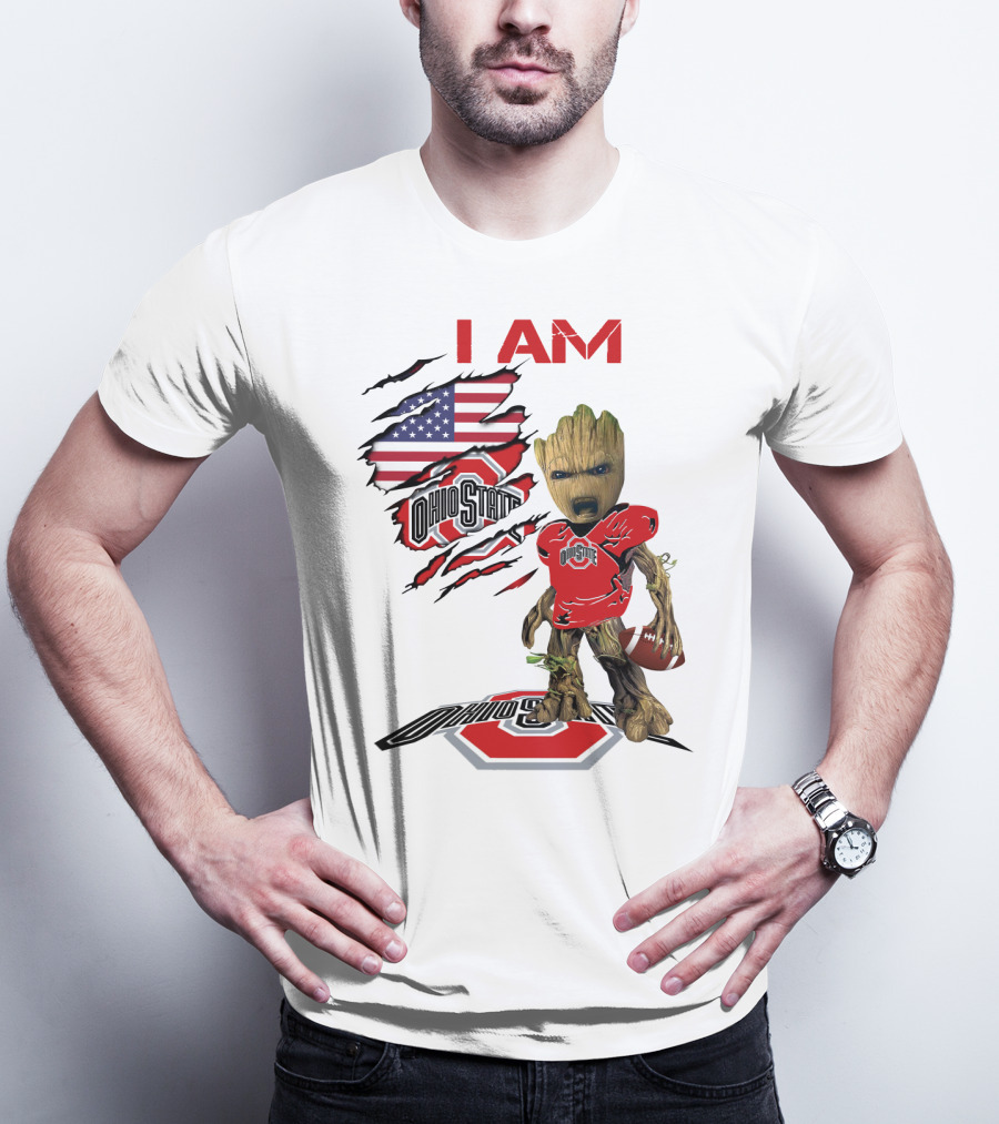 I Am Ohio State Baby Groot Football American Flag T-Shirt