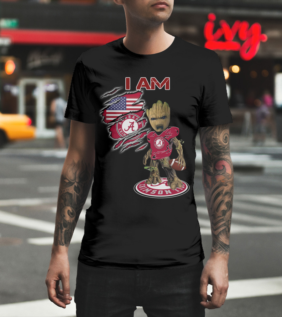 I Am Alabama Crimson Tide Football Fan Groot American Flag T-Shirt