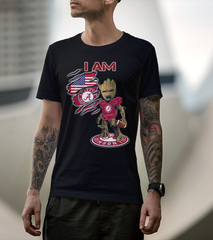 I Am Alabama Crimson Tide Football Fan Groot American Flag T-Shirt